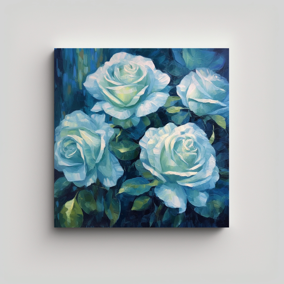 Cuadro Decorativo Azul Con Rosas Blancas Y Hojas Blancas - Decocuadros