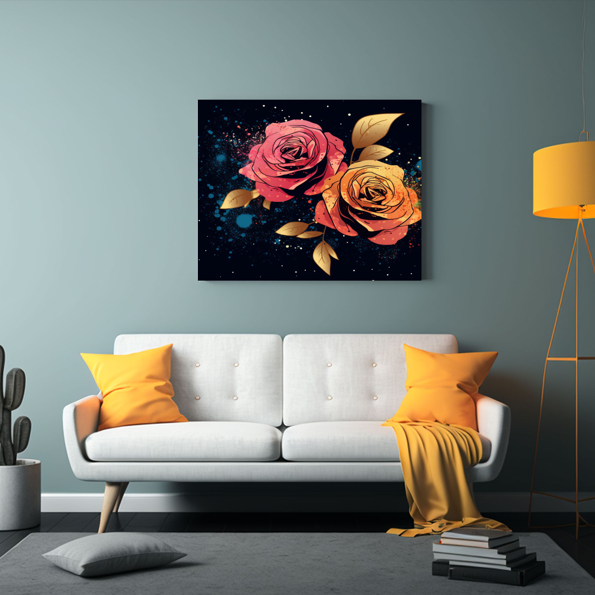 Cuadro En Color Con Silueta De Rosas Múltiples Y Brillantina Dorada - DecoCuadros