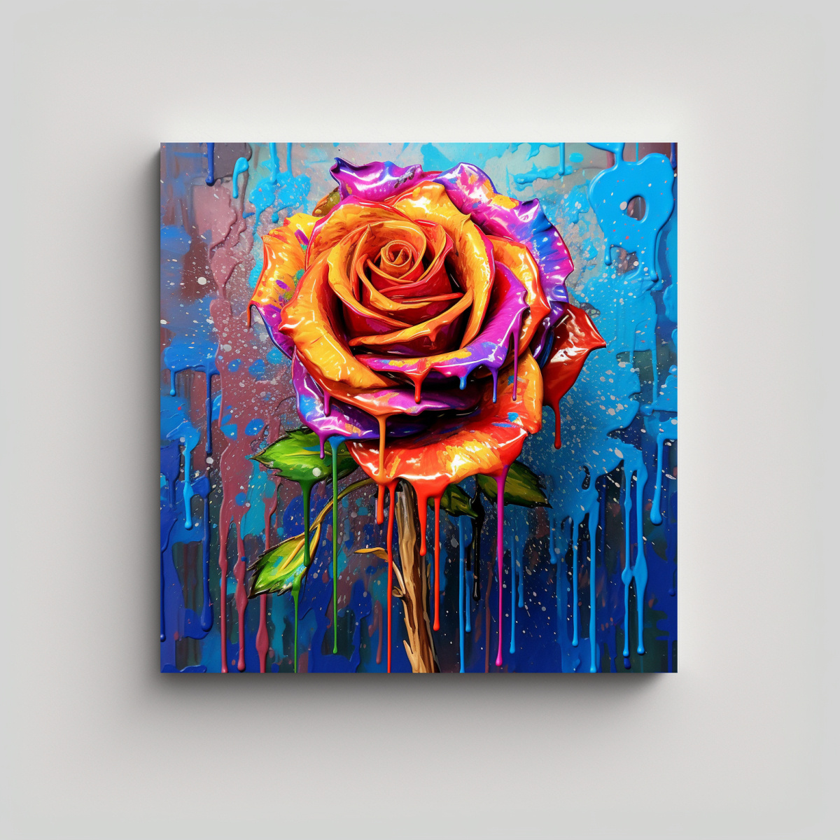 Cuadro De Rosa Colorida: Lienzo Acuarela Con Detalles De Goteo - Decocuadros