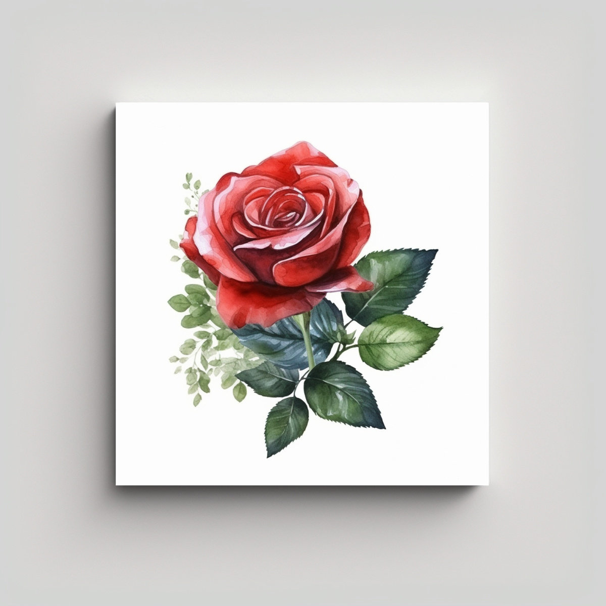 Cuadro De Rosa Roja Y Hojas Verdes En Acuarela - Belleza Cálida - Decocuadros