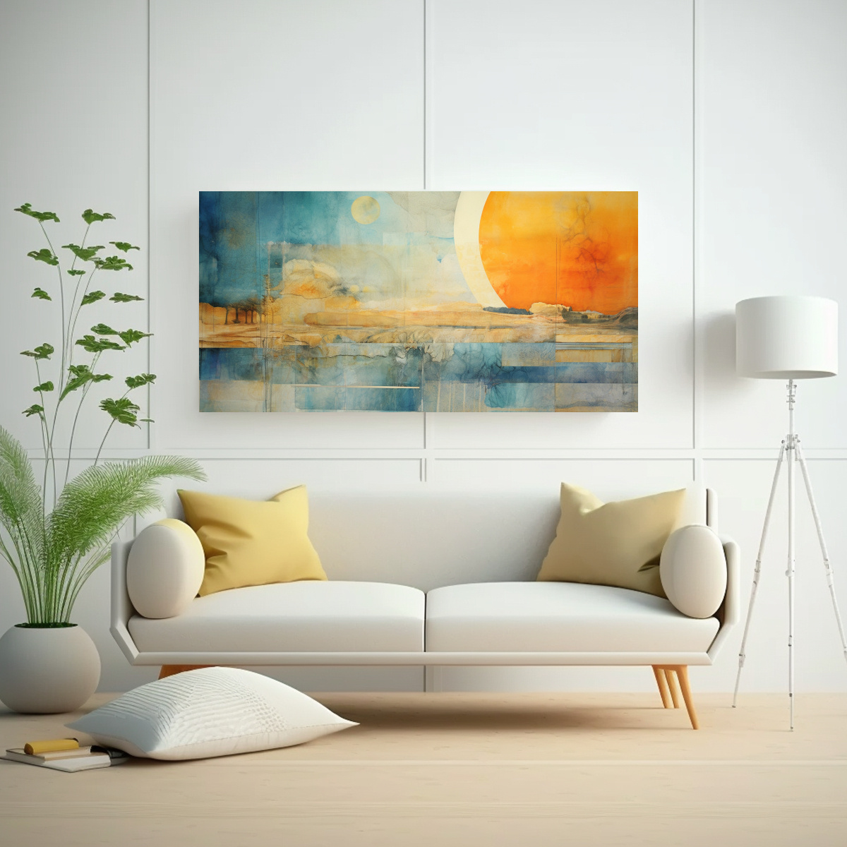 Cuadro De Tela Con Temática Intensa, Pintura En Naranja, Turquesa Y Acuarela Dorada Para ...