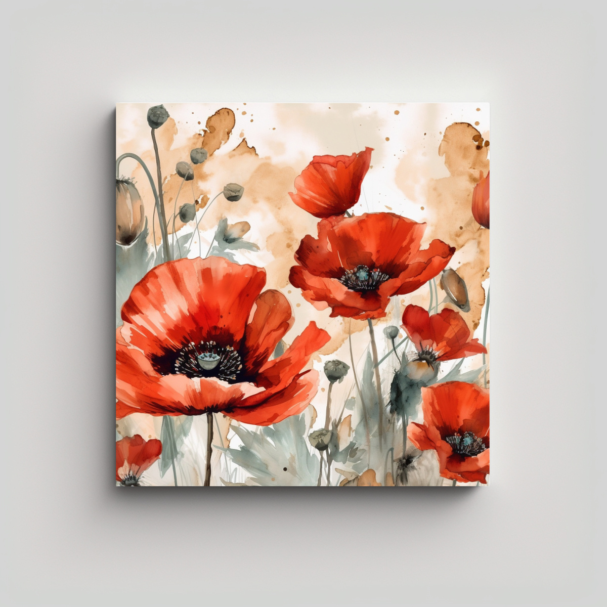 Cuadro Decorativo De Amapolas Acuarela En Tela Bastidor - Living - Decocuadros