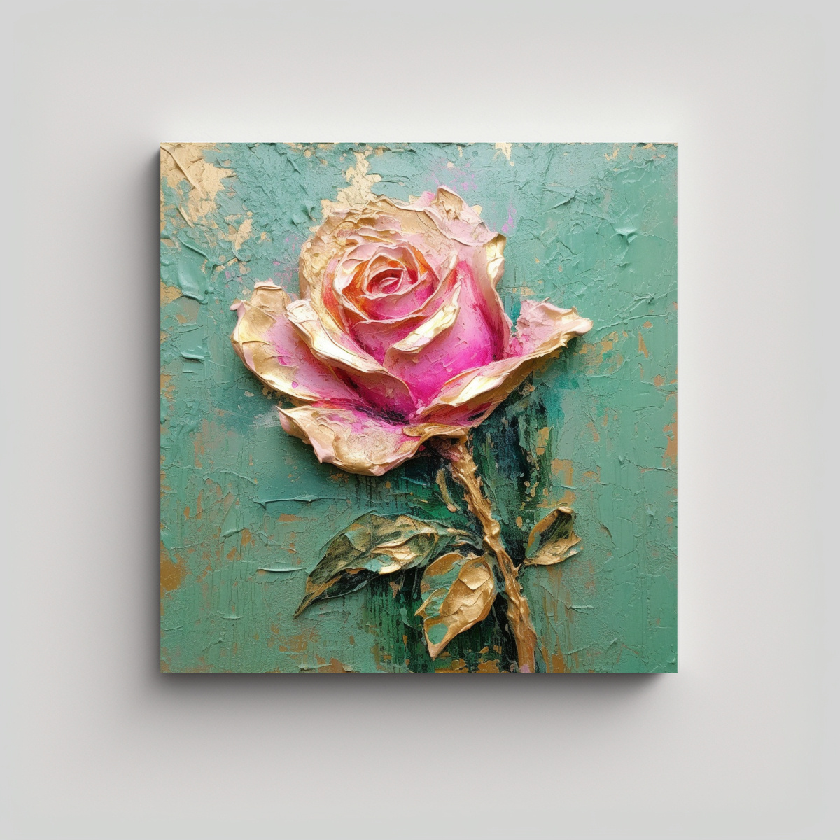 Cuadro Decorativo De Rosa Rosa Sobre Muro Verde Y Dorado: Simetría Y ...