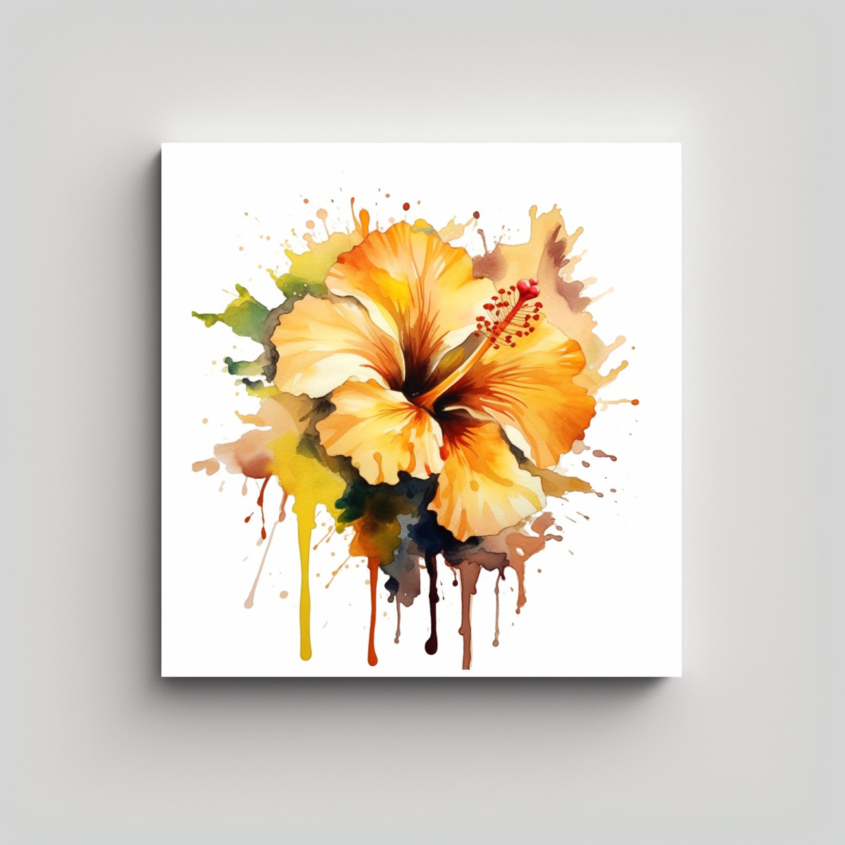 Cuadro Decorativo Enigmático Hibiscus En Acuarela Tono Oscuro Amarillo - DecoCuadros