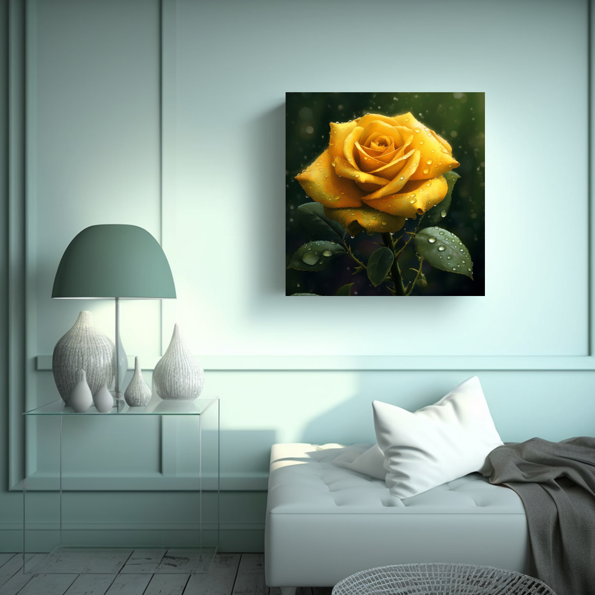 Cuadro Decorativo Lienzo Rosa Amarilla Con Rocío En Pasto - DecoCuadros