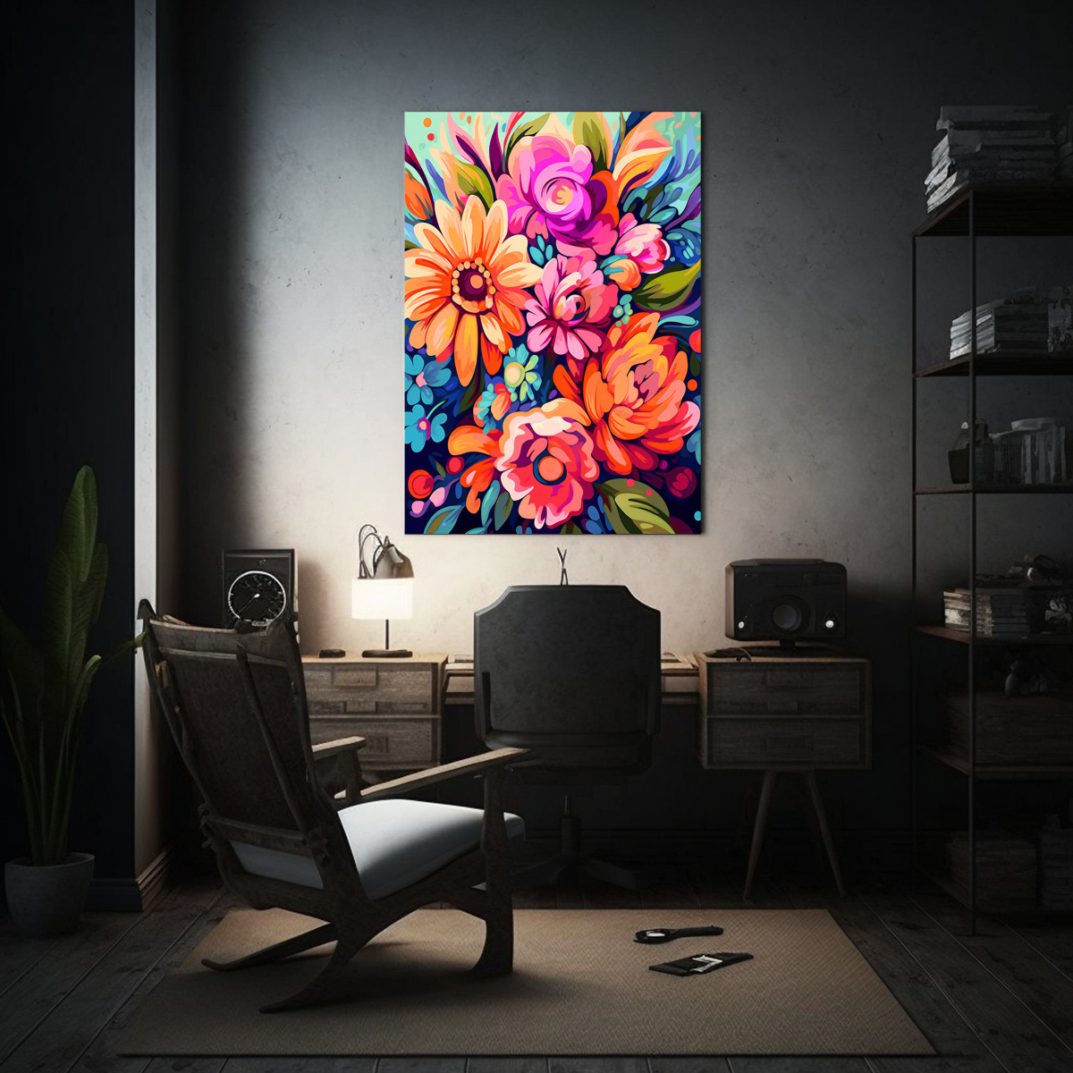 Cuadro Lienzo Tela Sublimada Escenario Boho Moderno Con Flores De Arte En Pintura - Decocuadros