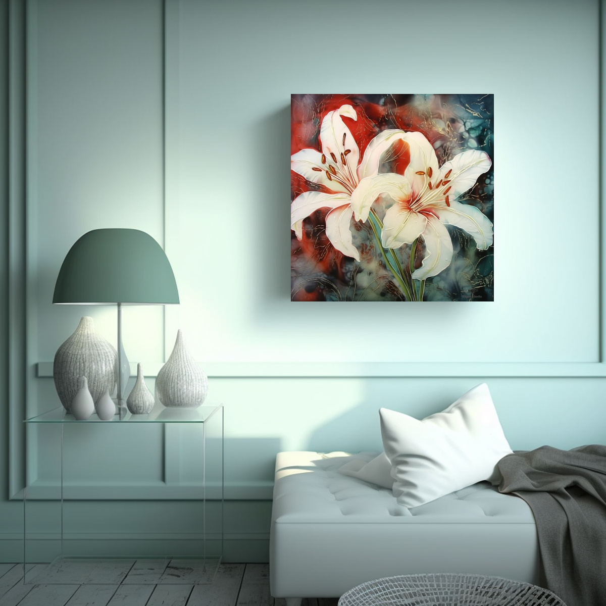 Cuadro Época: Chou White Lily Con Fondo Rojo Estilo Vintage - DecoCuadros