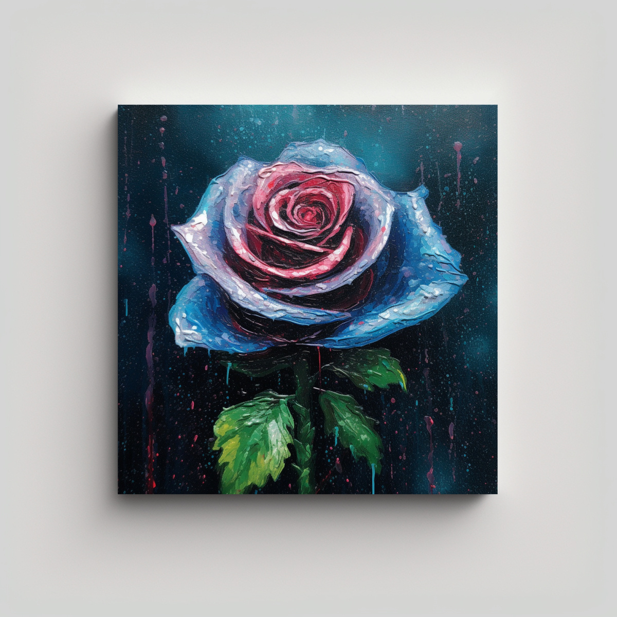 Cuadro Tela Sublimada Armonía Cromática Con Rosa Azul Y Gotas De Agua - DecoCuadros