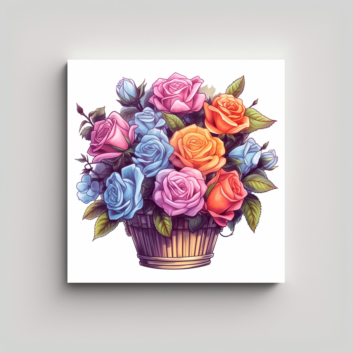 Cuadro De Canasta Con Rosas Coloridas Y Textura En Galería - DecoCuadros