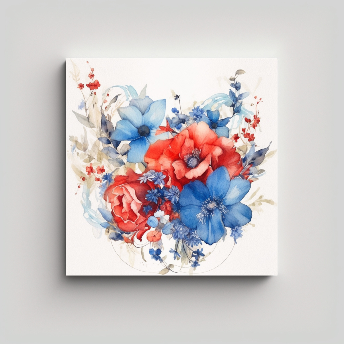 Cuadro Floral En Acuarela: Composición Intensa En Rojo Y Azul - Decocuadros