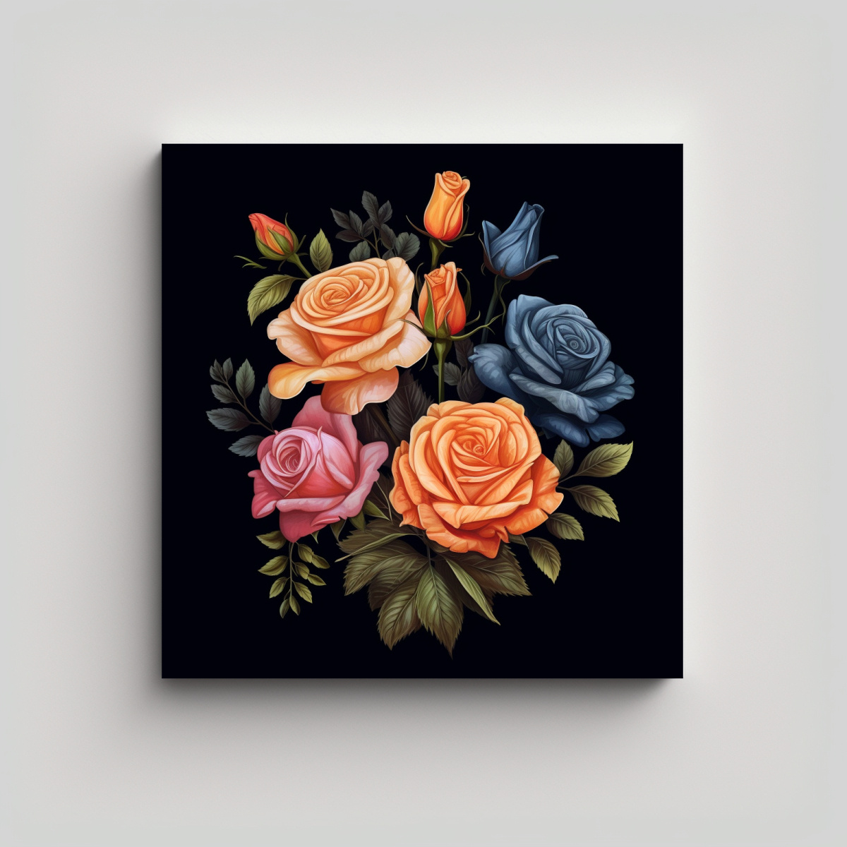 Cuadro Vintage De Rosas En Tela En Bastidor Sobre Fondo Negro - Decocuadros