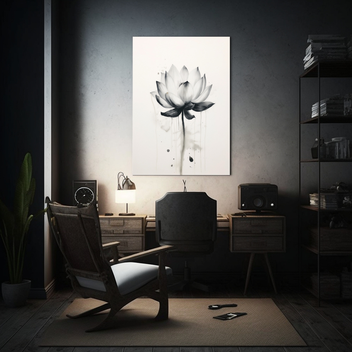 Lienzo Estilo Galería Simetría Montana De Loto Minimalista Blanco Y Negro - Decocuadros