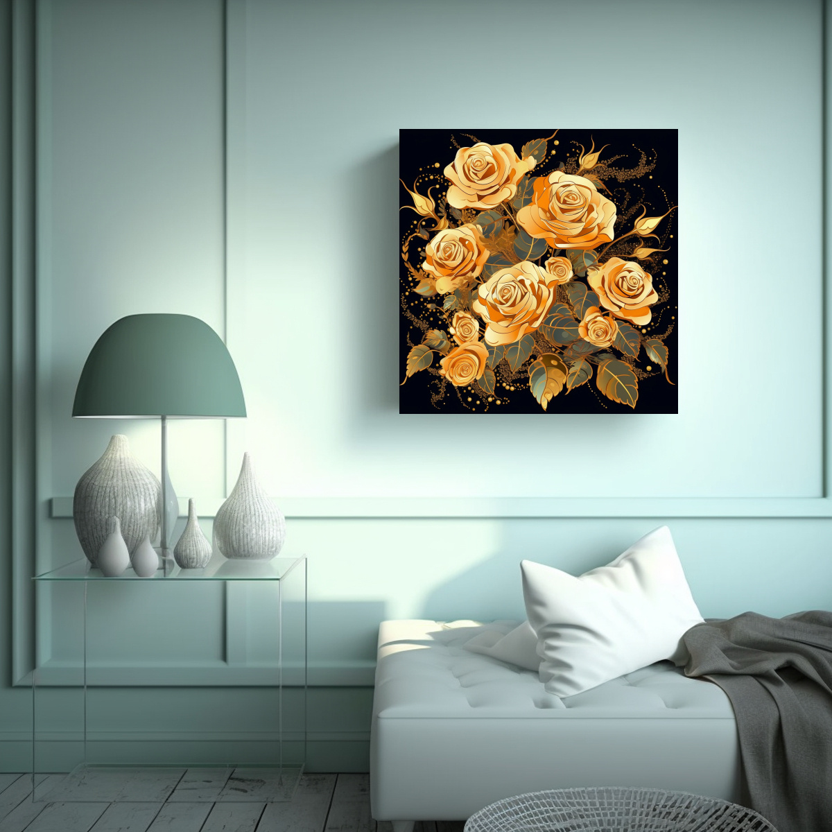 Cuadro Decorativo Mural Sublimado Harrysan: Diseño Único Con Rosas Doradas En Cuadro De Tela ...