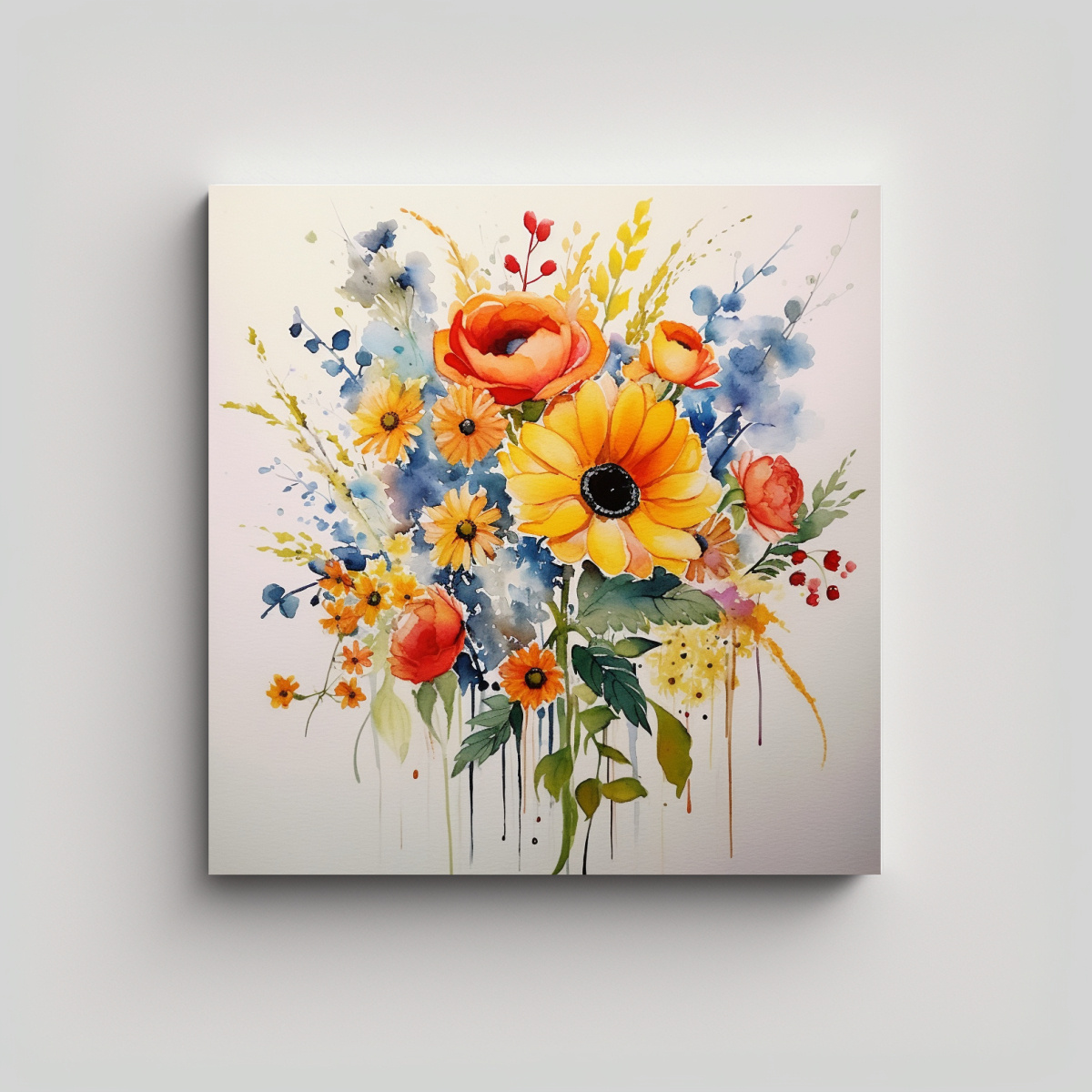 Cuadro Decorativo Patrón Intenso En Tela: Equilibrio Visual De Flores En Acuarela - Decocuadros