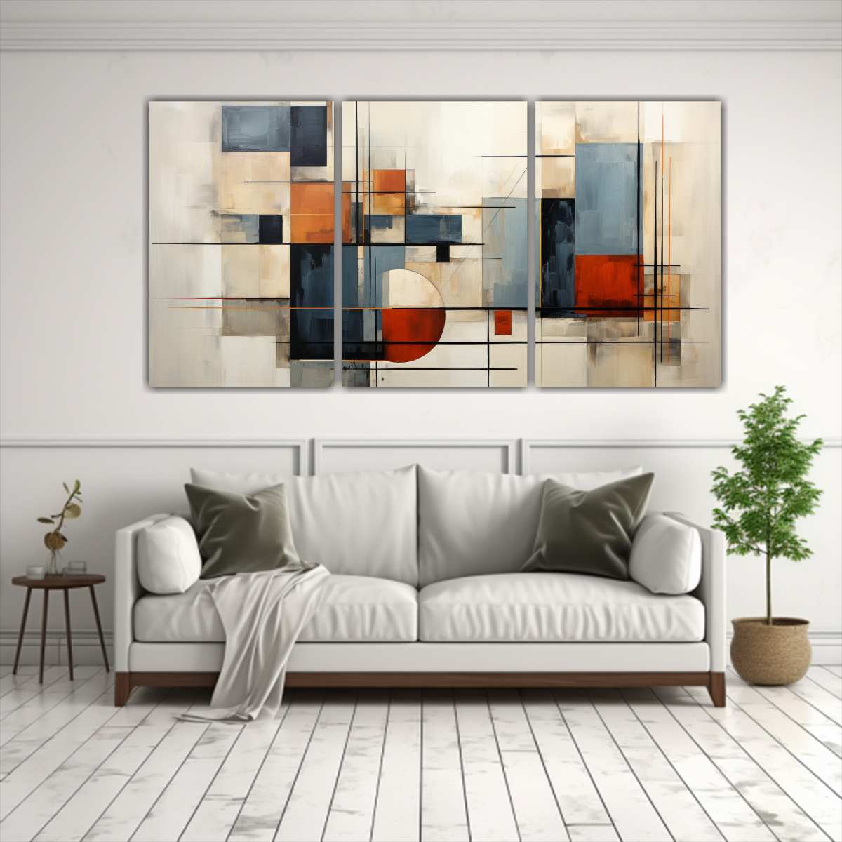 Cuadro Abstracto Geométrico De Colores Neutros En Tres Lienzos - Decocuadros
