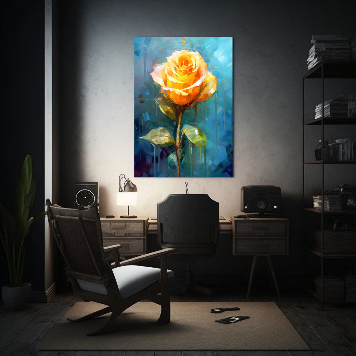 Cuadro Decorativo De Rosa Amarilla Con Fondo Azul - DecoCuadros