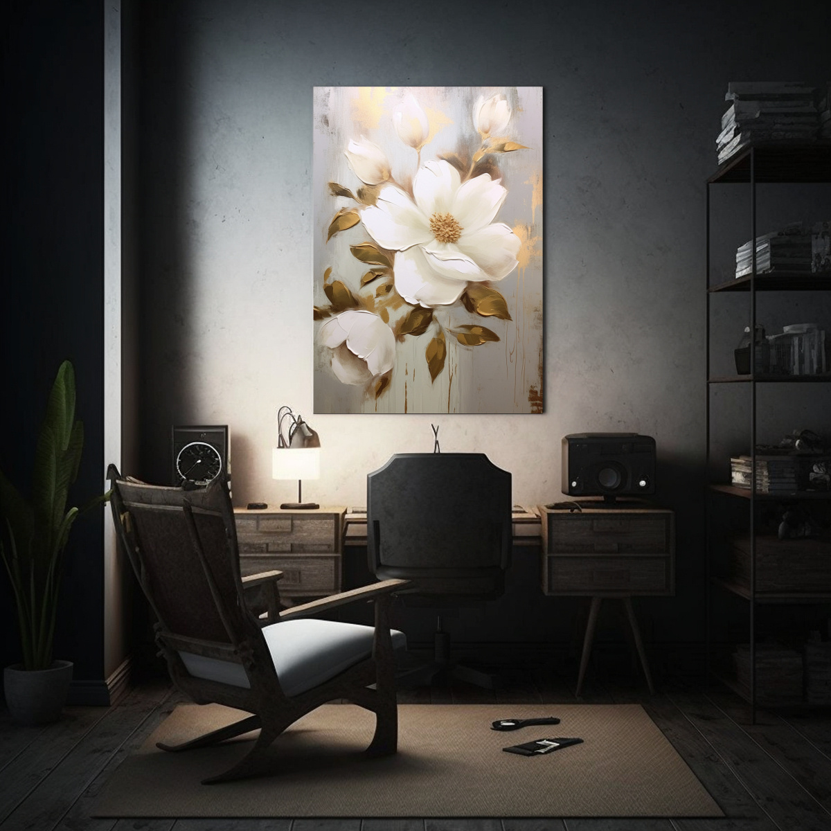 Cuadro De Flores En Acrílico Estilo Galería Con Blanco Oro Y Plata - Decocuadros