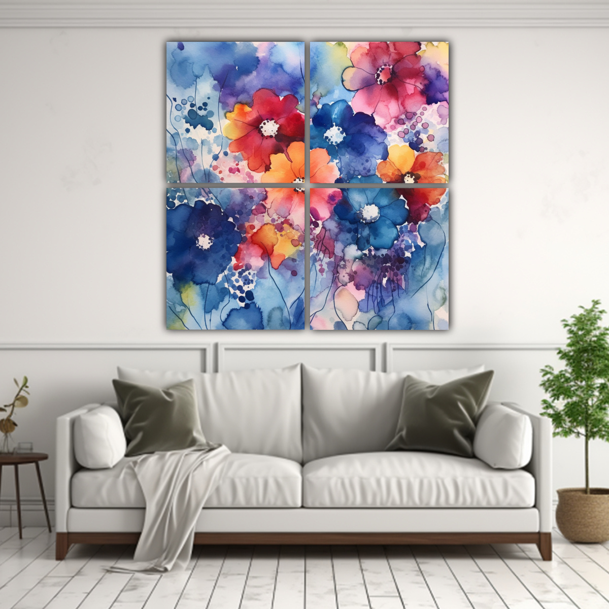 Cuadro Decorativo Abstracto De Acuarela Floral En 4 Lienzos - Decocuadros