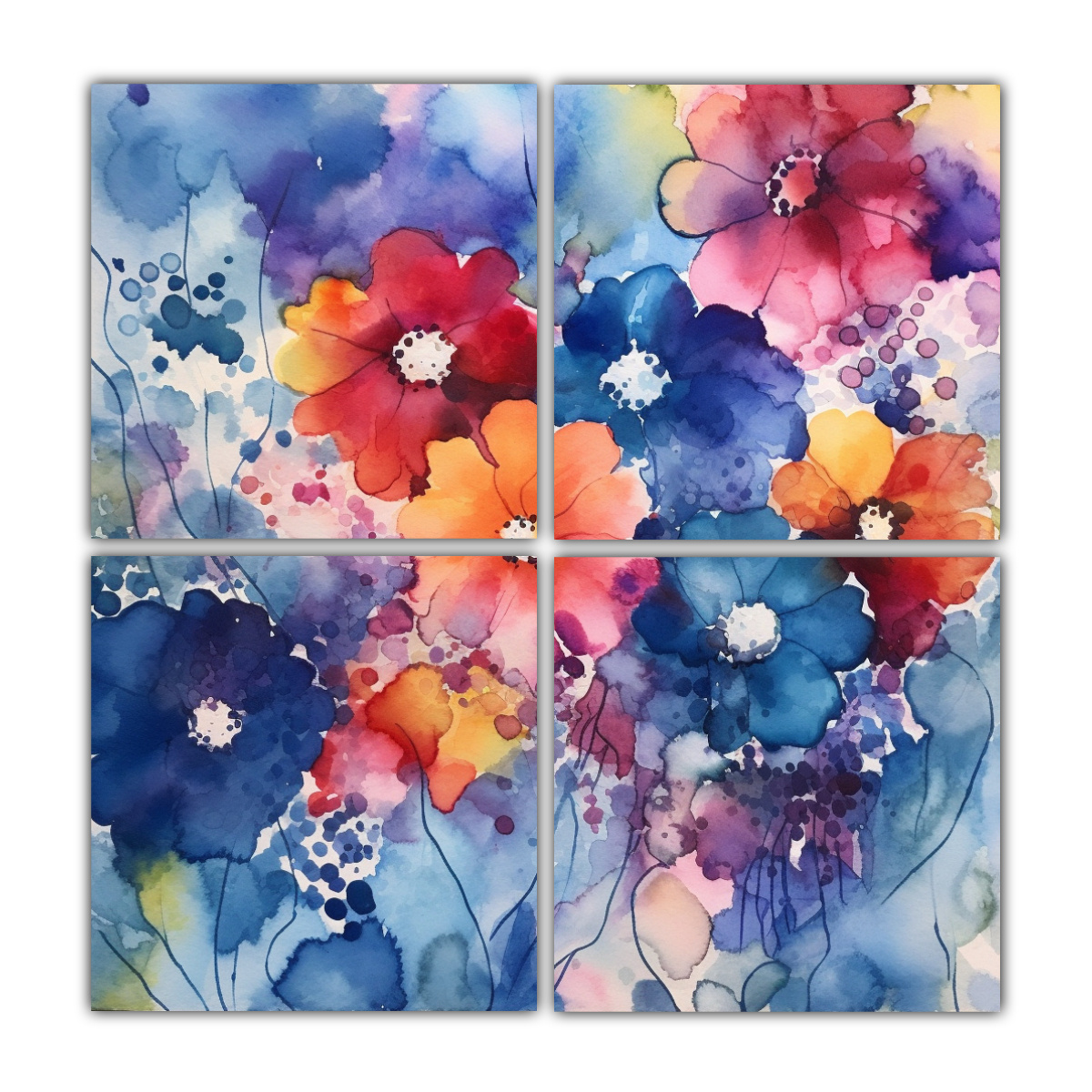 Cuadro Decorativo Abstracto De Acuarela Floral En 4 Lienzos - Decocuadros