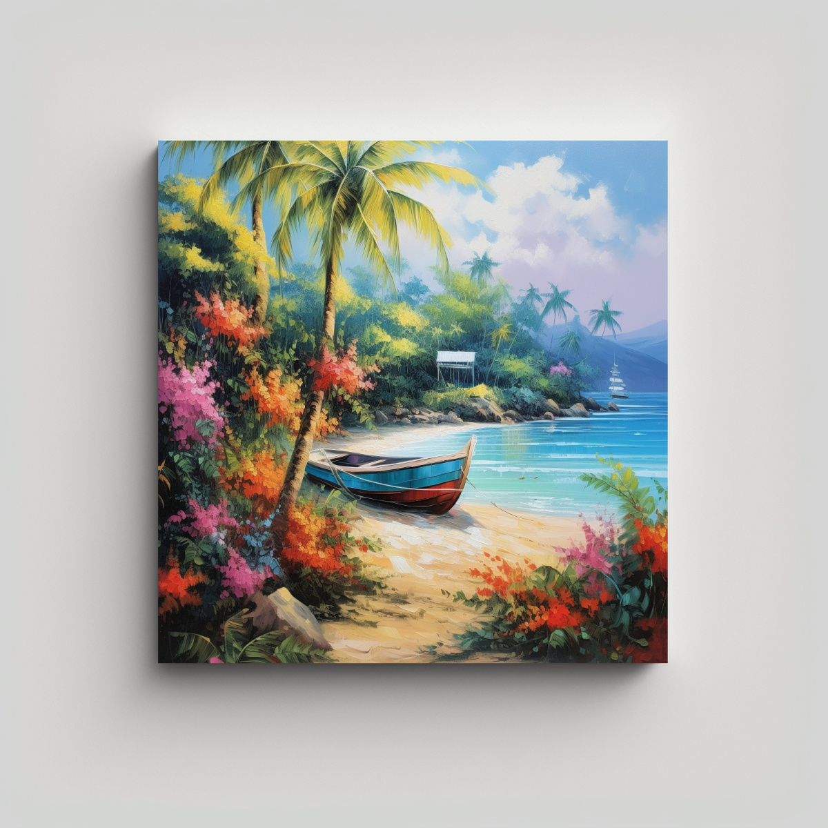 Cuadro Decorativo Verano Playa Barcos Palmeras Flores Coloridas Ultra ...