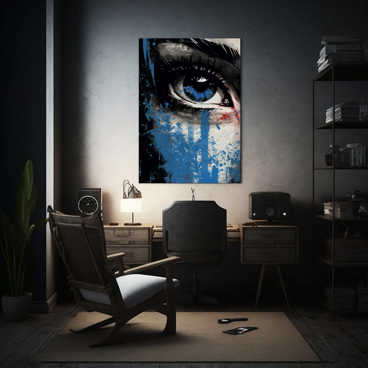 Cuadro Inspirador Equilibrio Con Un Ojo Azul Y Clip Art De Periódico - DecoCuadros