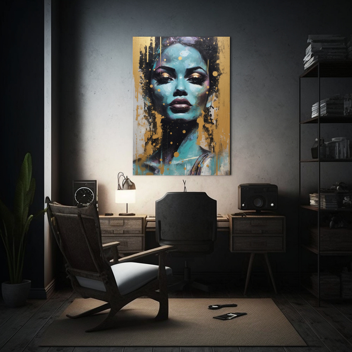 Cuadro Vanguardia Poder Retrato De Mujer Exótica En Un Tono Verdeazulado - DecoCuadros