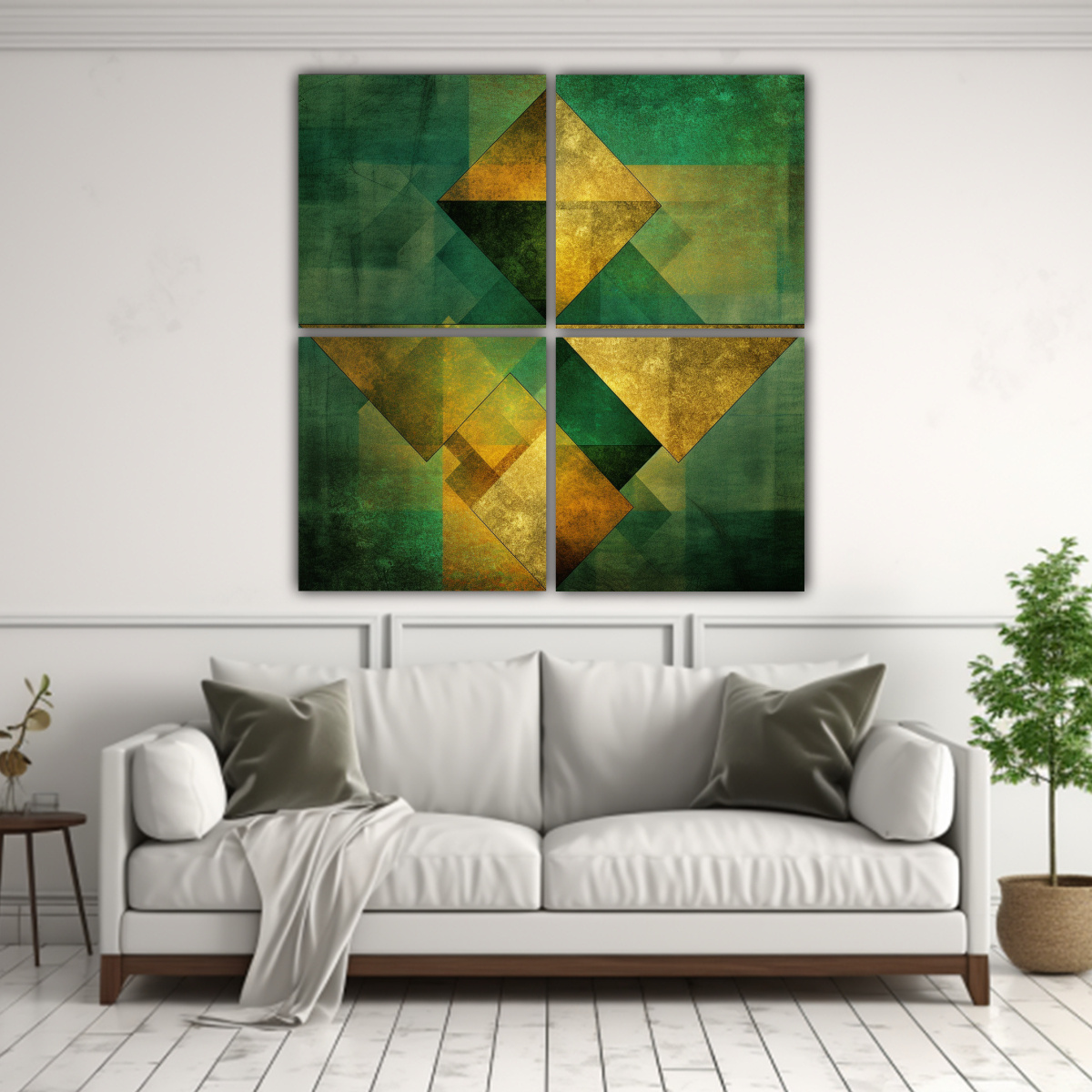 Cuadros Decorativos Verdes Y Dorados Con Círculos Divididos Cuadrados En 4 Lienzos De ...