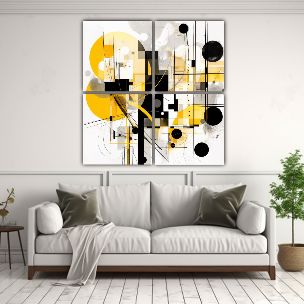 Cuatro Cuadros Tema Majestuosas Abstracto Geométrico Amarillo Negro Blanco - Decocuadros