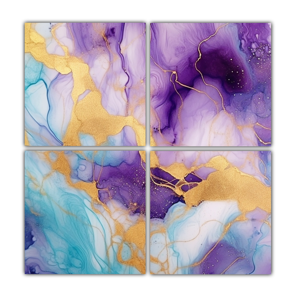 Cuatro Lienzos Inspiración Alegre - Composición Abstracta De Mármol Turquesa Púrpura - Decocuadros