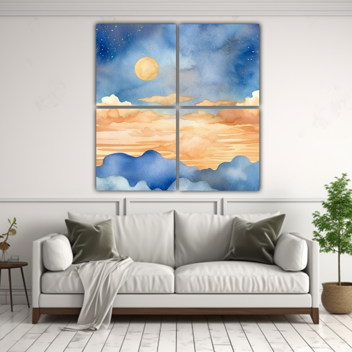 Cuadro Decorativo De Puesta De Sol Acuarela Azul En Tela De Alta ...