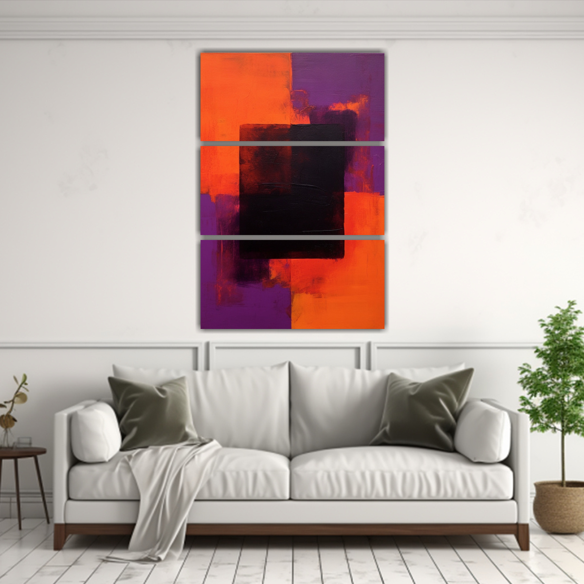 Pintura Abstracta Con Cuadros Naranja, Morado Y Negro - DecoCuadros