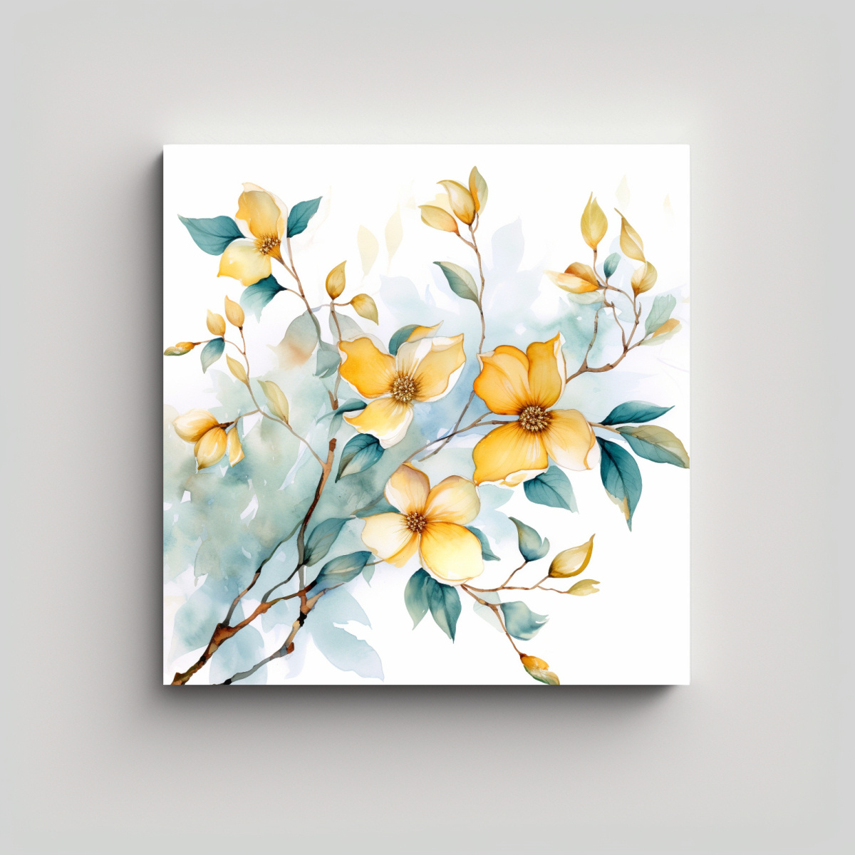 Pintura Decorativa De Ramas De Flores De Cornejo En Acuarela De Colores Intensos - DecoCuadros