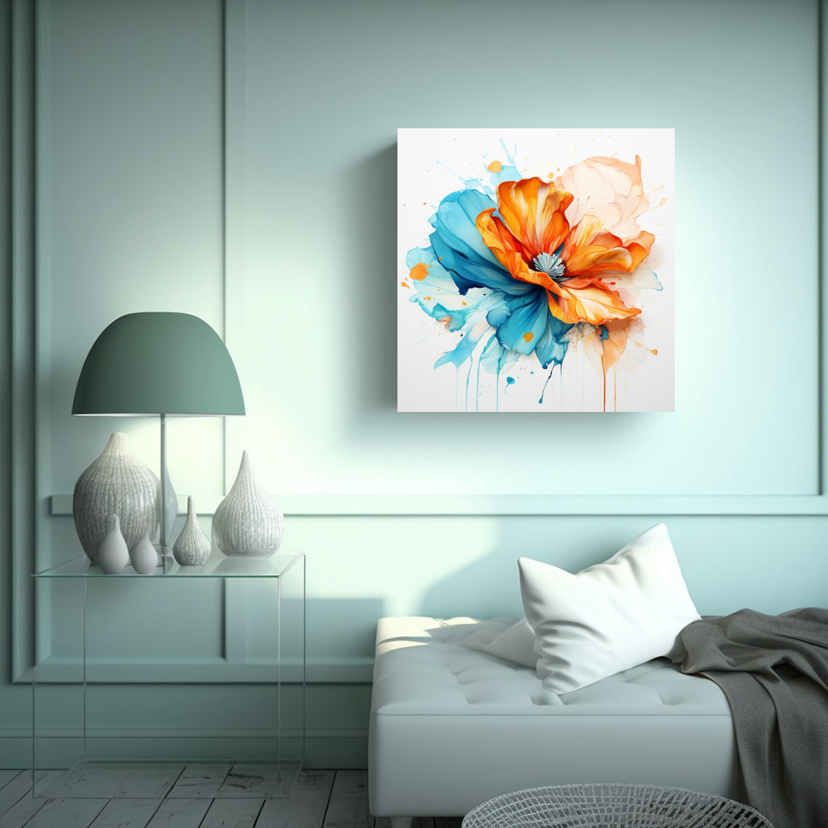 Cuadro Abstracto Tonos Turquesa Y Naranja, Arte De Pared - Decocuadros