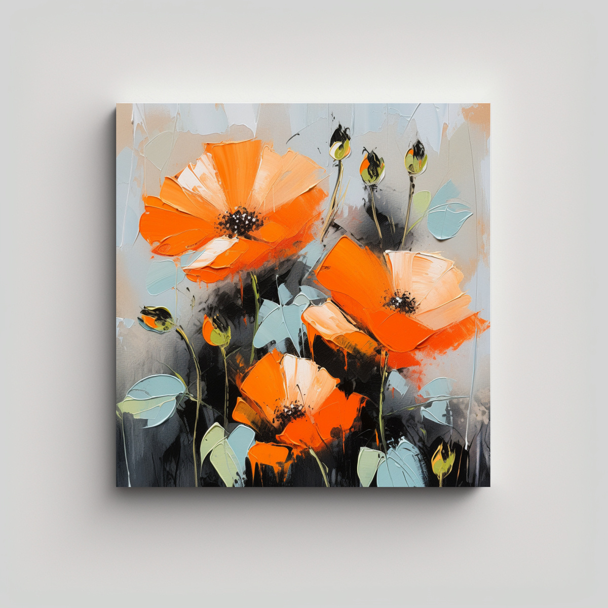 Cuadro Arte Sensible Líneas Finas Naranja Negro Flores En Lienzo - Decocuadros