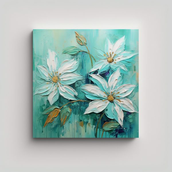 Cuadro De Dibujo Temática De Flores En Colores Verde Y Turquesa En Lienzo: Decoración De ...