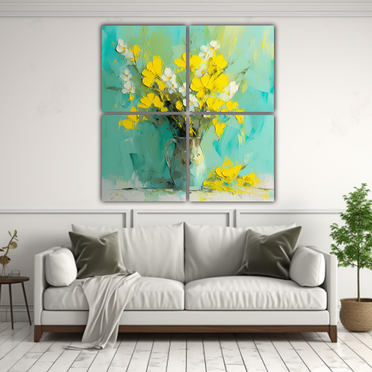 Cuadro De Pared Moderno Flores Amarillas Y Turquesas En Lienzo - Decocuadros