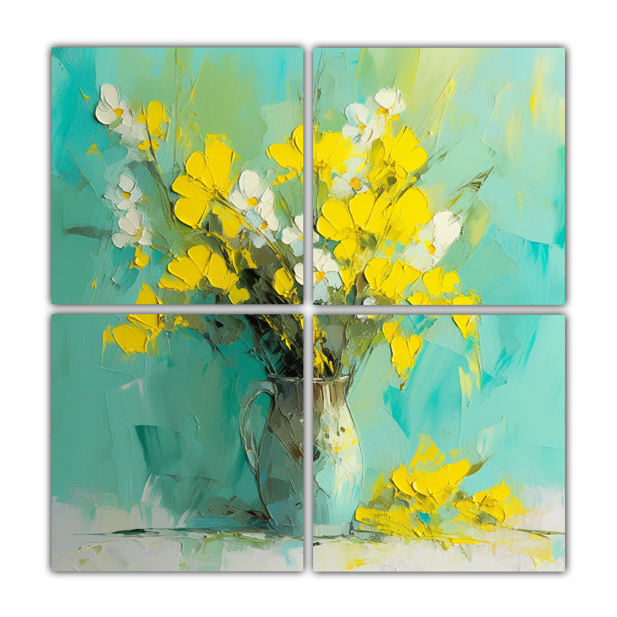 Cuadro De Pared Moderno Flores Amarillas Y Turquesas En Lienzo - Decocuadros