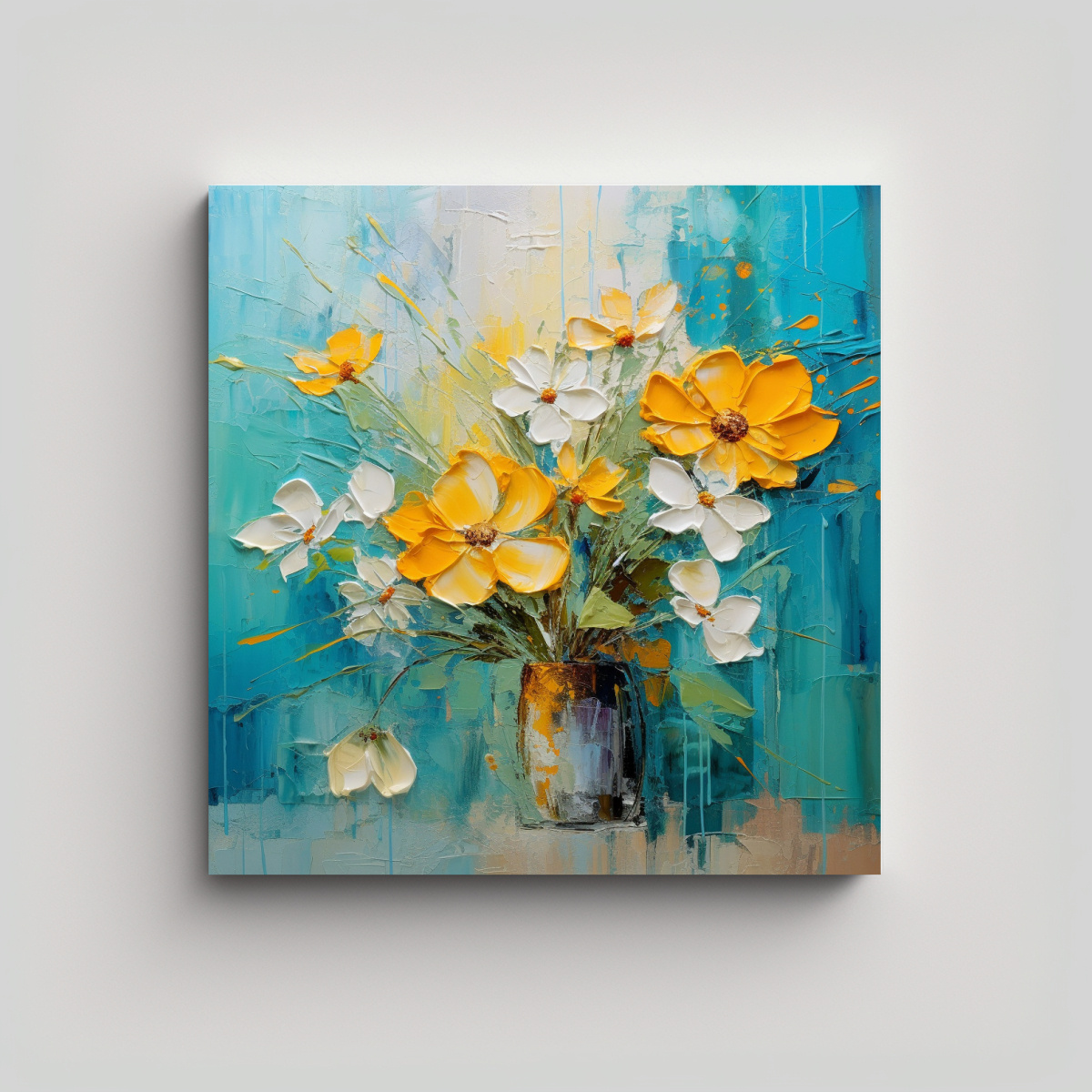 Cuadro En Bastidor De Belleza Natural | Pintura Amarilla Y Cian En Lienzo | Decoración Con ...