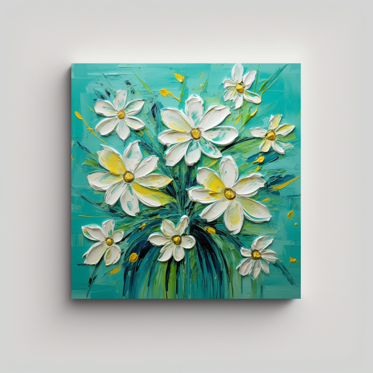 Cuadro En Bastidor Diseño De Figuras En Colores Verde Y Turquesa Con Flores Pintadas Sobre ...