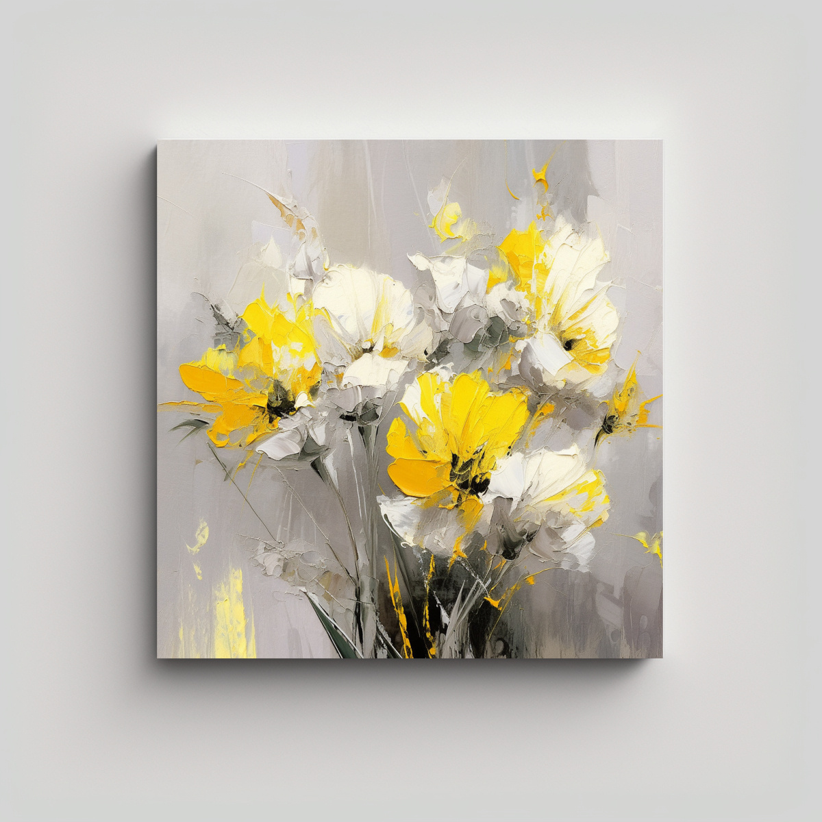 DecoCuadros - Cuadro Impreso En Lienzo Ambiente Amarillo Y Plateado Con Flores