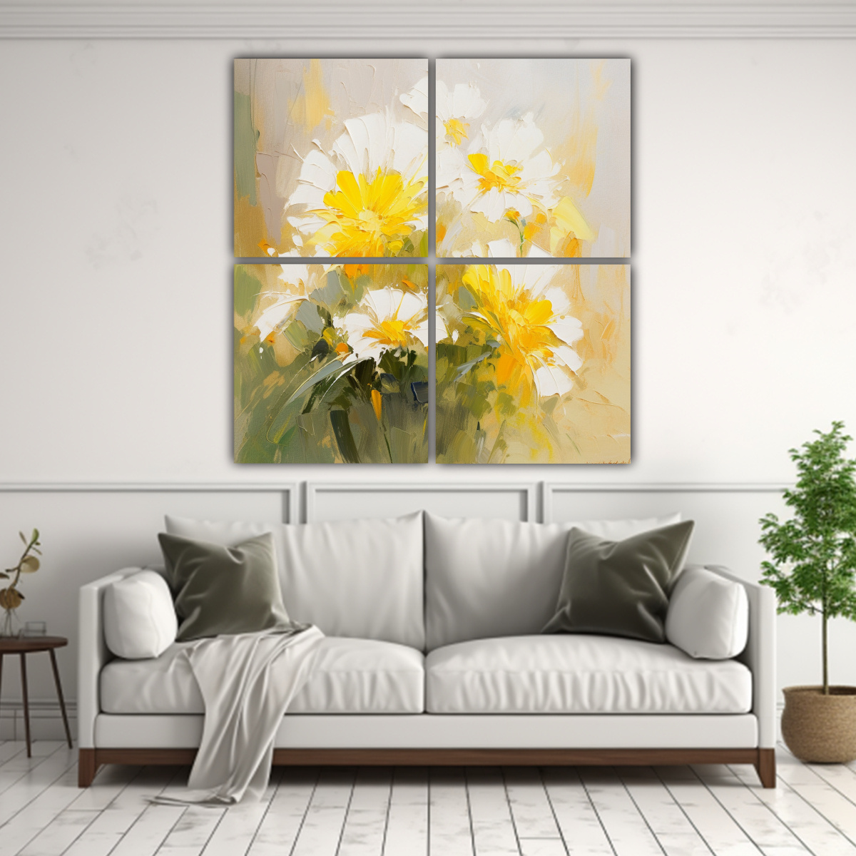 Cuadro Minimalista Amarillo Y Blanco Con Flores En Lienzo - Decocuadros