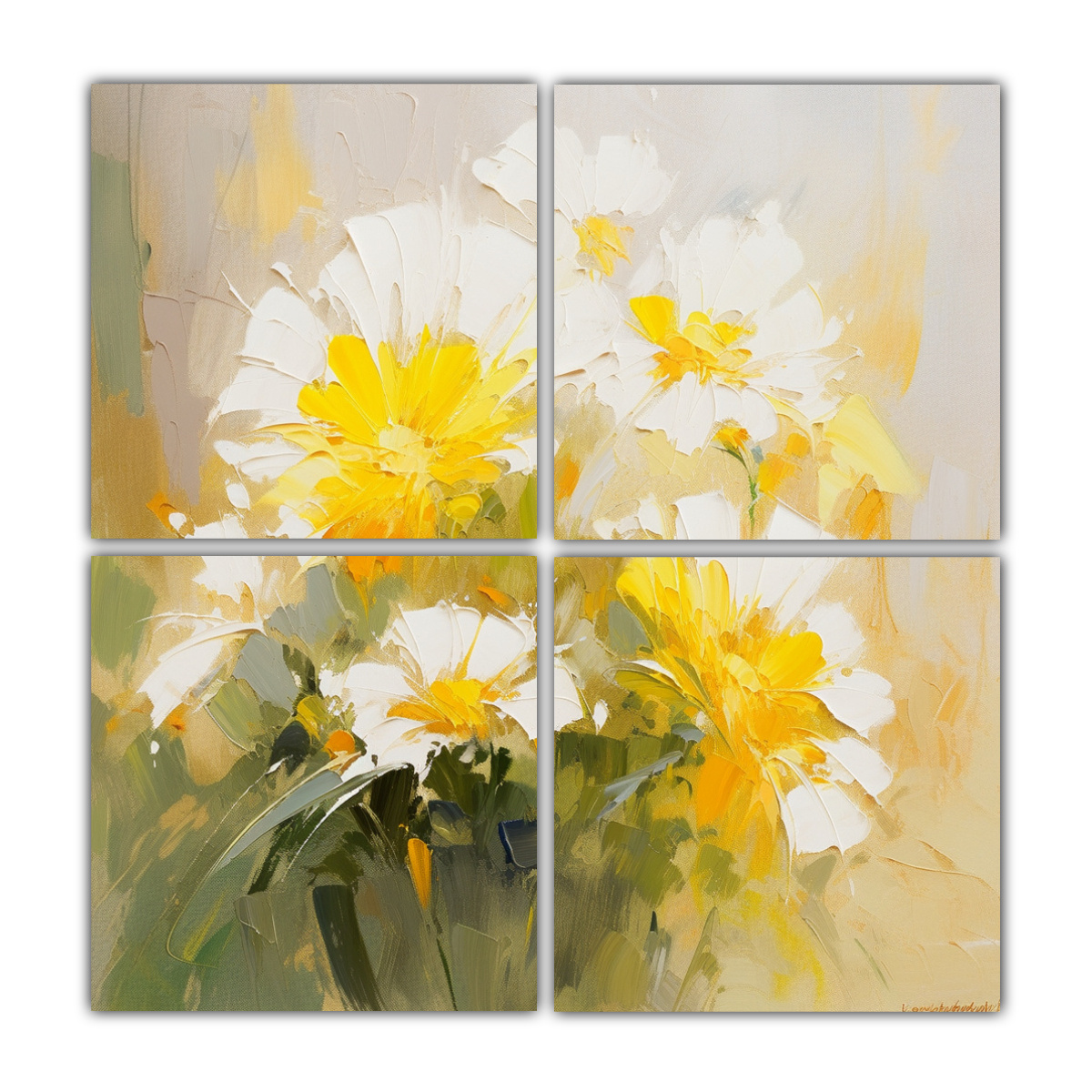 Cuadro Minimalista Amarillo Y Blanco Con Flores En Lienzo - Decocuadros