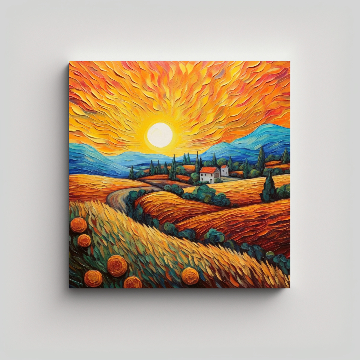 Cuadro Movimiento Textura Paisaje Estilo Van Gogh Con Sol - DecoCuadros