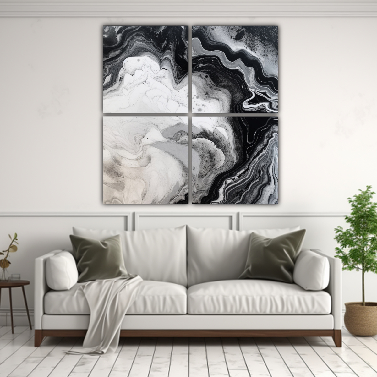 Cuatro Cuadros De Dibujo Arte Gráfico En Mármol Blanco Y Negro Con Textura Orgánica De Remolino ...