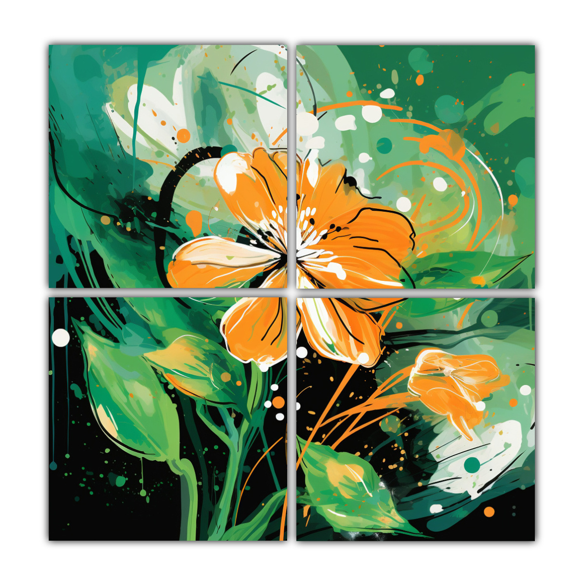 Cuatro Cuadros Tela Elegancia Verde Y Naranja | DecoCuadros