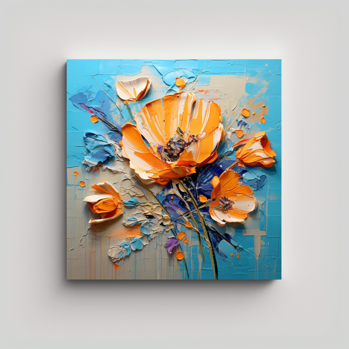 Lienzo Moderno Comedor Con Pintura De Flores Naranja Y Azul En Lienzo - Decocuadros