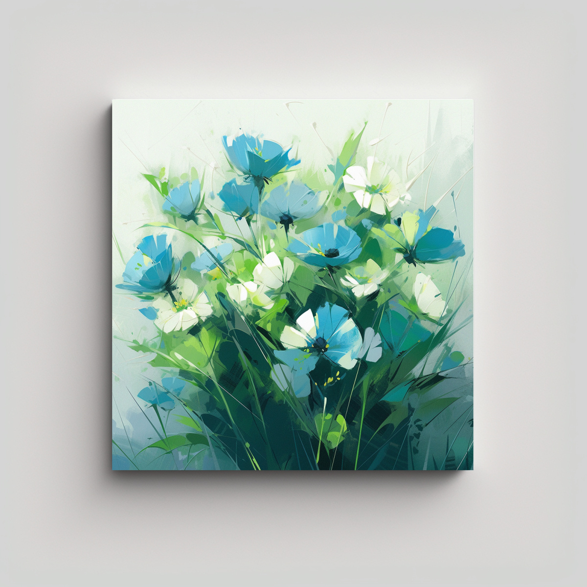 Cuadro De Flores Verdes Y Azules En Lienzo - DecoCuadros