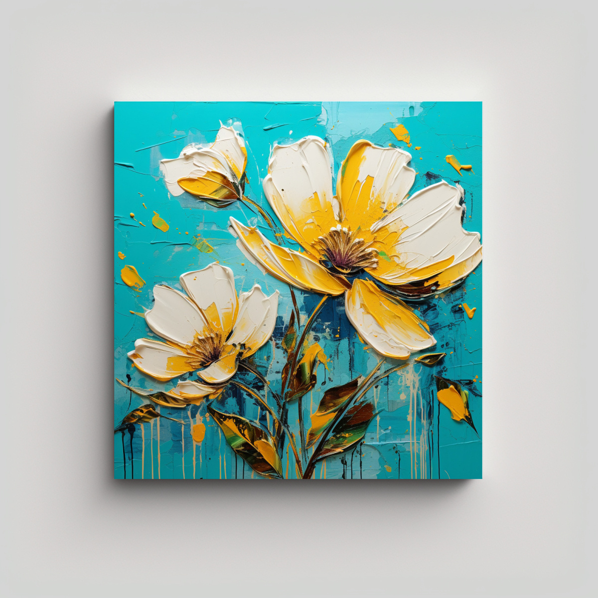 Pintura De Flores Amarillas Y Turquesas En Lienzo | Cuadros Decorativos - Decocuadros