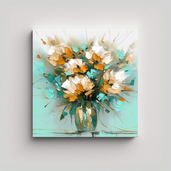 Cuadro De Flores Turquesa Y Dorado En Bastidor Cuadrado - Decocuadros