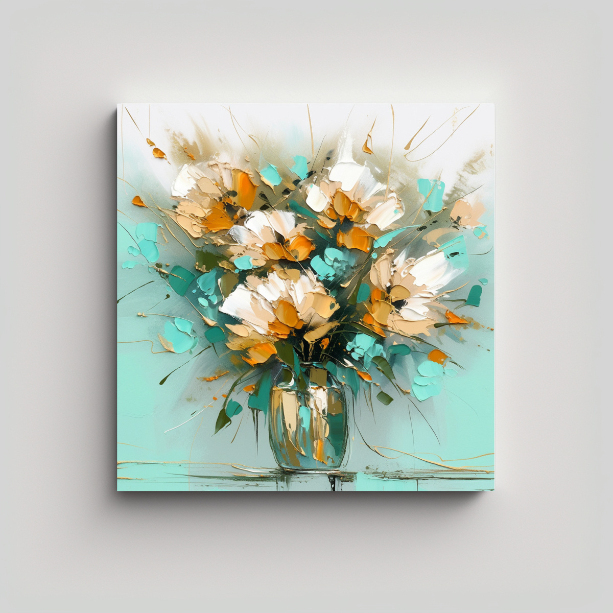 Cuadro De Flores Turquesa Y Dorado En Bastidor Cuadrado - Decocuadros